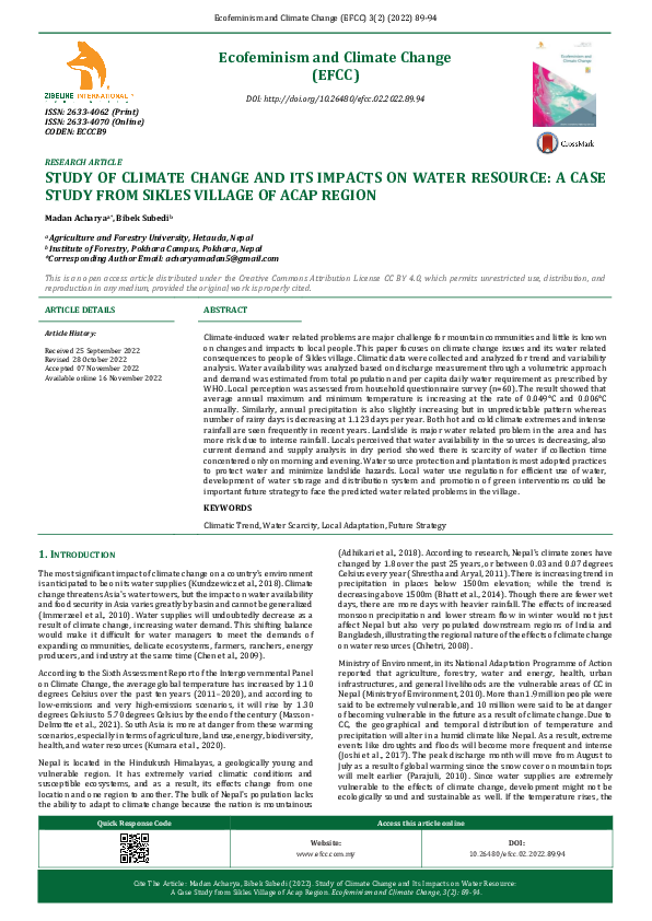 (PDF) Study of Climate Change and Its Impacts on Water Resource: A Case ...