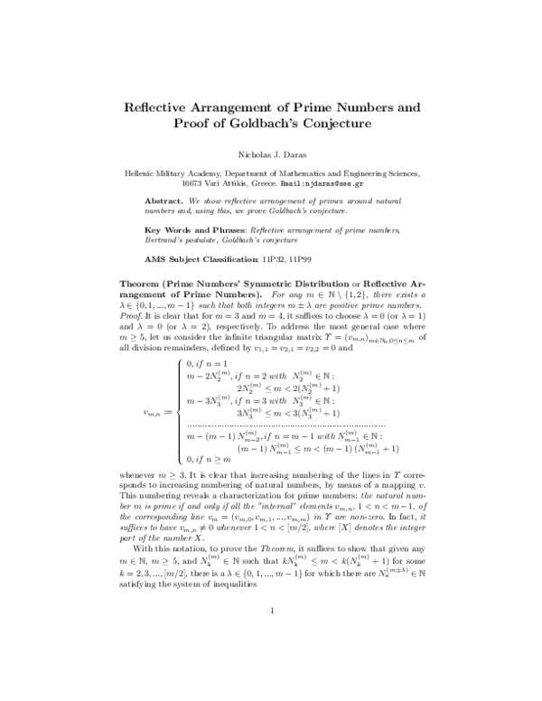 (PDF) Reflective Arrangement of Prime Numbers and Proof of Goldbach's ...