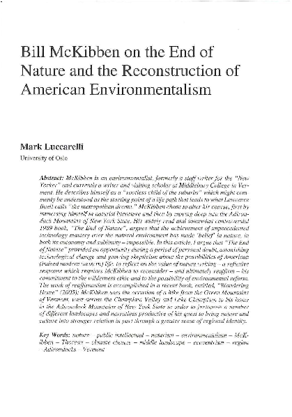 (PDF) Bill McKibben on the End of Nature and the Reconstruction of ...