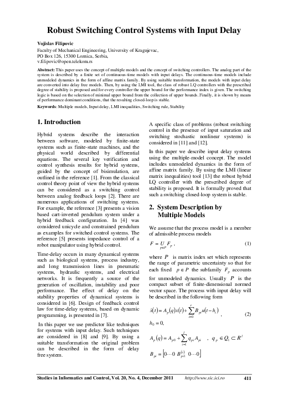 (PDF) Robust Switching Control Systems with Input Delay