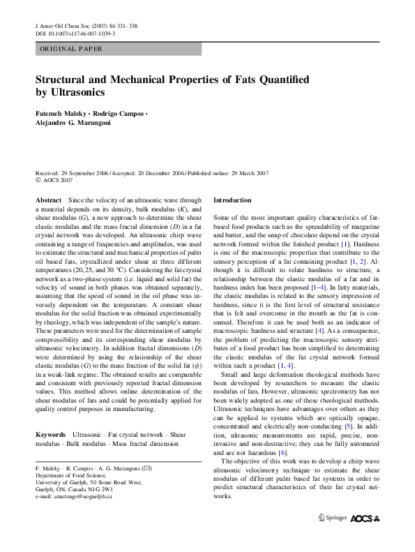 (PDF) Structural and Mechanical Properties of Fats Quantified by ...