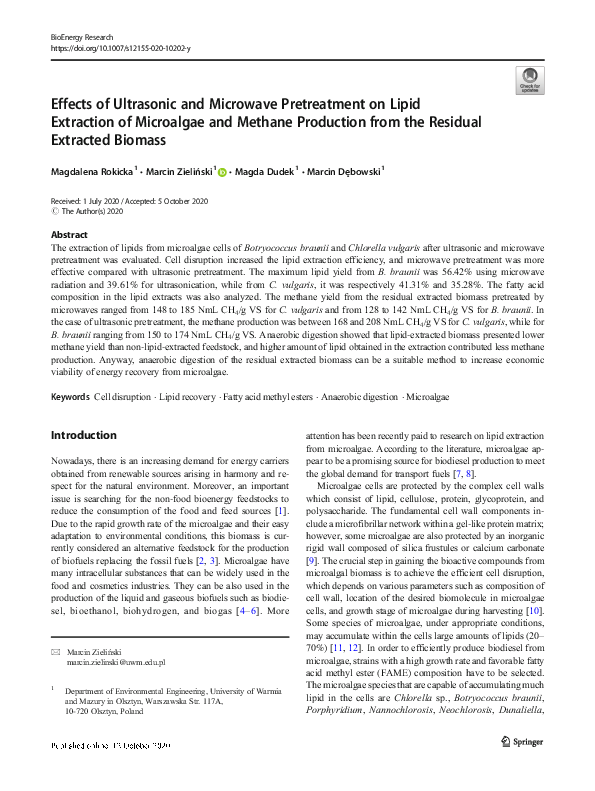 (PDF) Effects of ultrasonic and microwave pretreatments on lipid extraction of microalgae