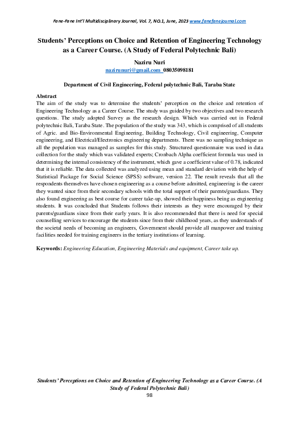 (PDF) Students' Perceptions on Choice and Retention of Engineering ...