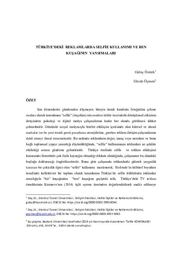 (PDF) Türki̇ye’Deki̇ Reklamlarda Selfi̇e Kullanimi Ve Ben Kuşağinin ...