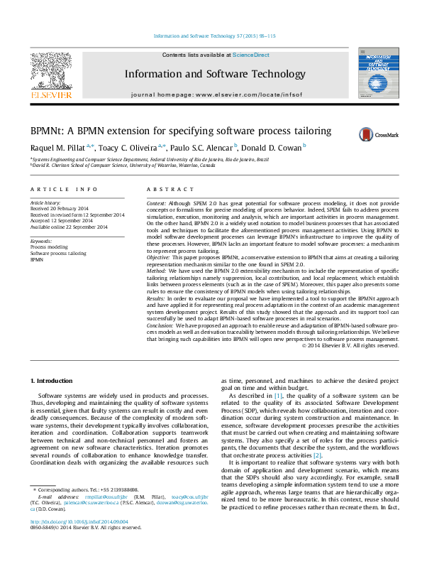 (PDF) BPMNt: A BPMN extension for specifying software process tailoring