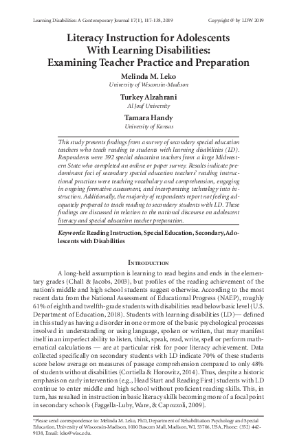 Pdf Literacy Instruction For Adolescents With Learning Disabilities Examining Teacher