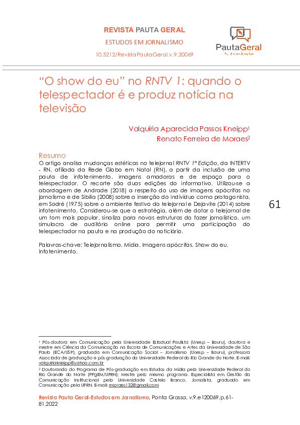 (PDF) “O show do eu” no RNTV 1 quando o telespectador é e produz ...