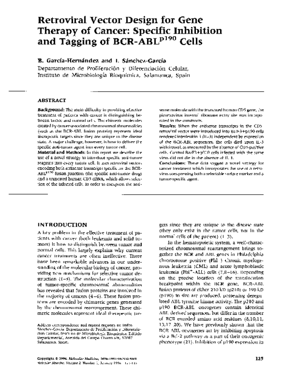 (PDF) Retroviral Vector Design for Gene Therapy of Cancer: Specific ...