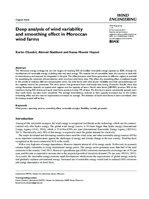 (PDF) Deep analysis of wind variability and smoothing effect in Moroccan wind farms