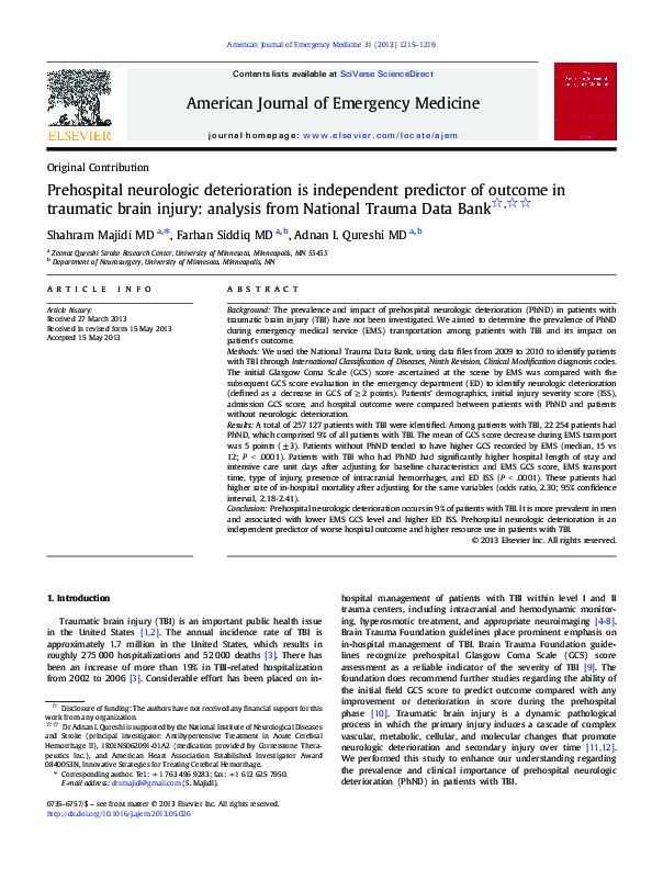 (PDF) Prehospital neurologic deterioration is independent predictor of outcome in traumatic ...