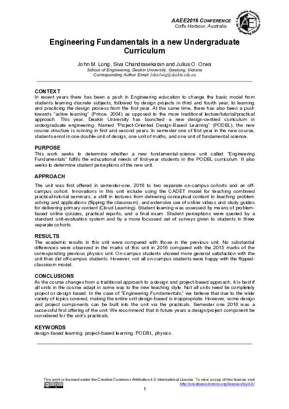 (PDF) Engineering fundamentals in a new undergraduate curriculum