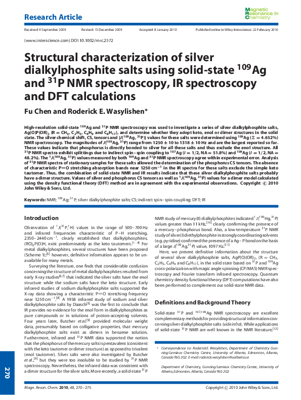 (PDF) Structural characterization of silver dialkylphosphite salts using solid-state109Ag and31P ...