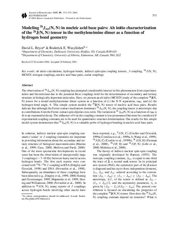 (PDF) 2hJ(N, N) Tensor in Nucleic Acid Base Pairs