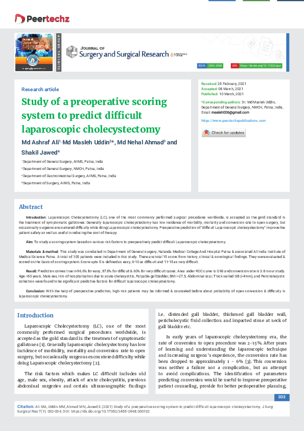 (PDF) Study of a preoperative scoring system to predict difficult laparoscopic cholecystectomy