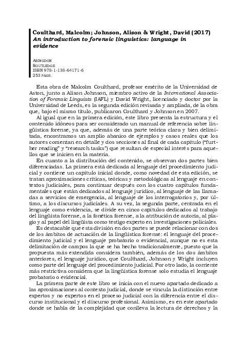 (PDF) An Introduction to Forensic Linguistics