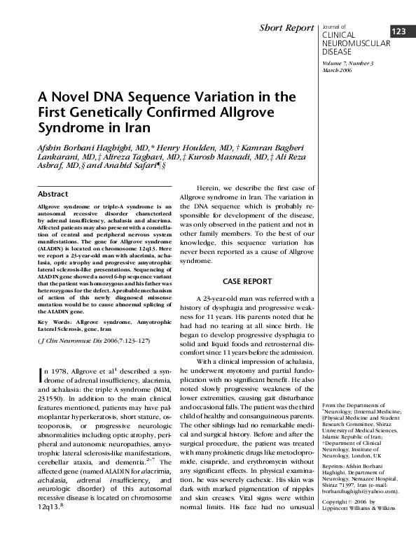 (PDF) A Novel DNA Sequence Variation in the First Genetically Confirmed Allgrove Syndrome in Iran