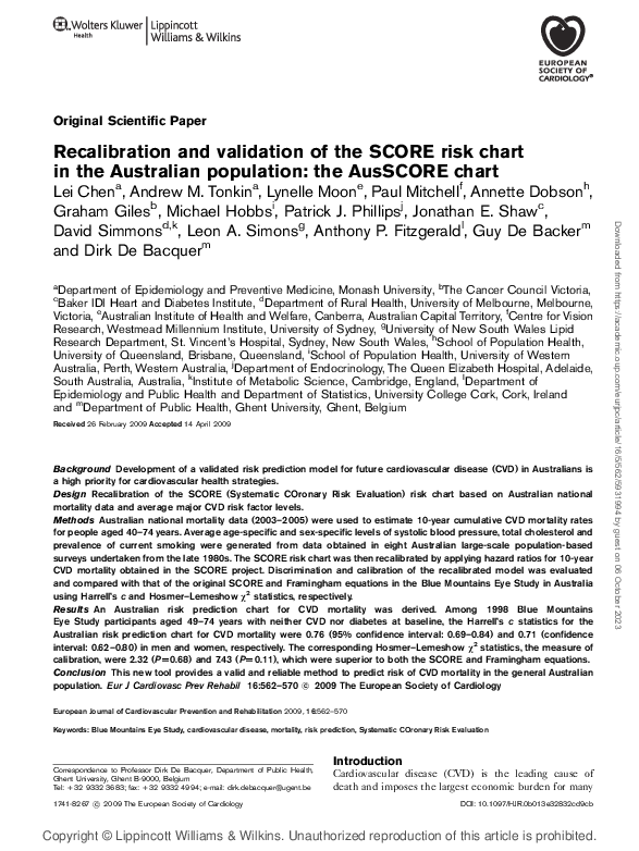 (PDF) Recalibration and validation of the SCORE risk chart in the ...