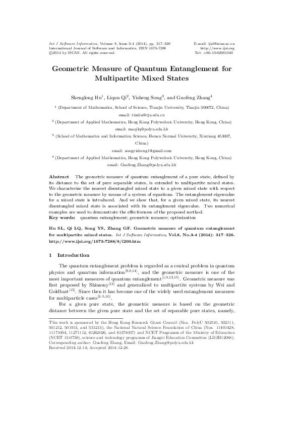 (PDF) Geometric Measure of Quantum Entanglement for Multipartite Mixed ...