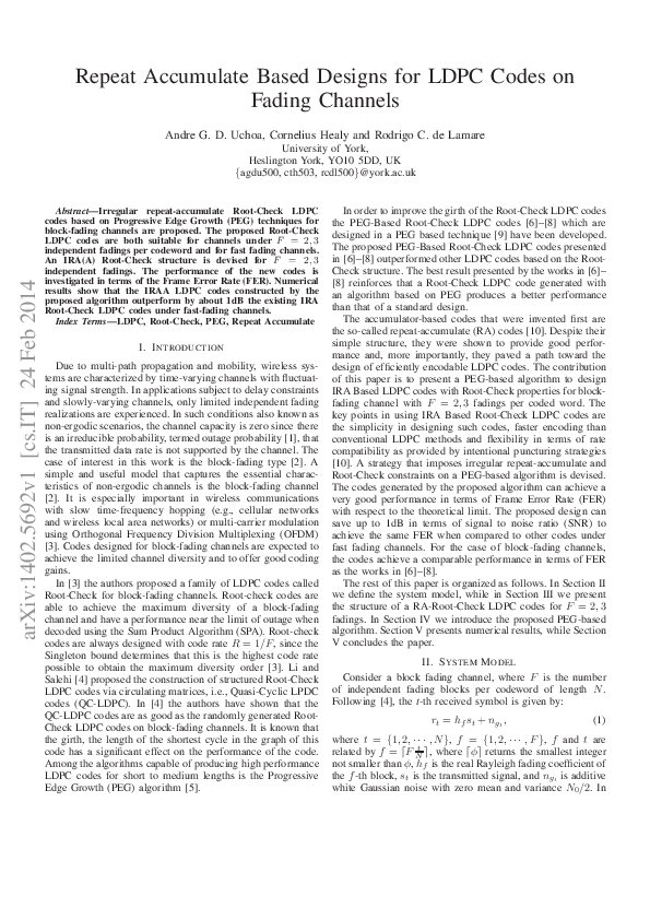 (PDF) Repeat Accumulate Based Designs for LDPC Codes on Fading Channels