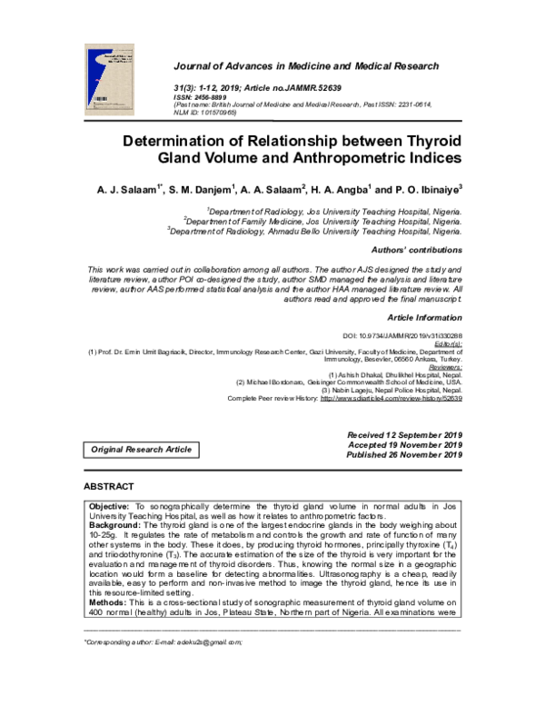 Pdf Determination Of Relationship Between Thyroid Gland Volume And Anthropometric Indices