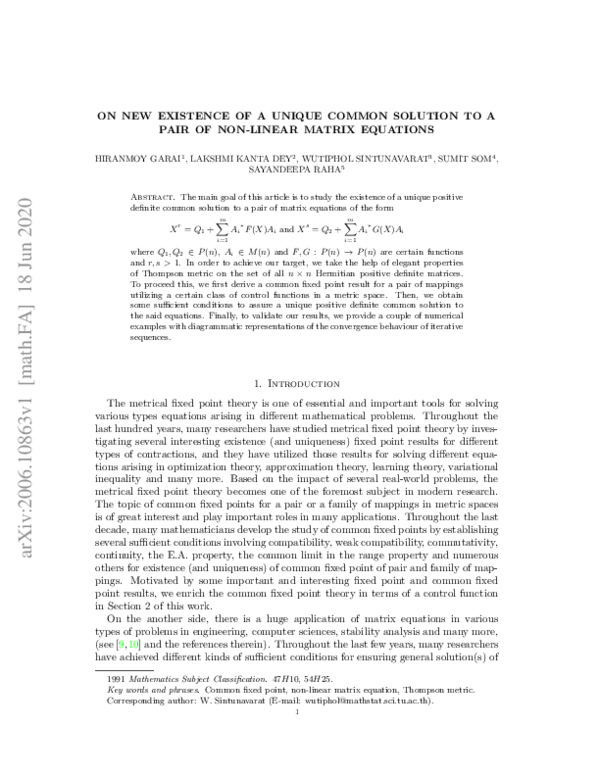 Pdf On New Existence Of A Unique Common Solution To A Pair Of Non