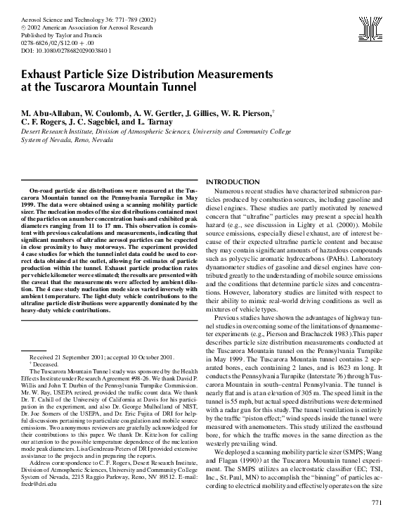 (PDF) Exhaust Particle Size Distribution Measurements at the Tuscarora ...