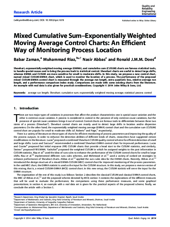 (PDF) Mixed Cumulative Sum-Exponentially Weighted Moving Average Control Charts: An Efficient ...