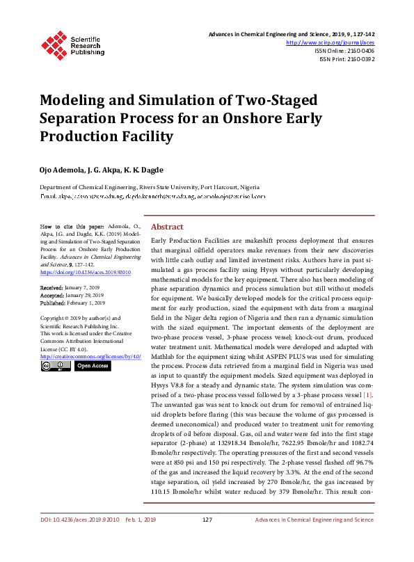 (PDF) Modeling and Simulation of Two-Staged Separation Process for an Onshore Early Production ...