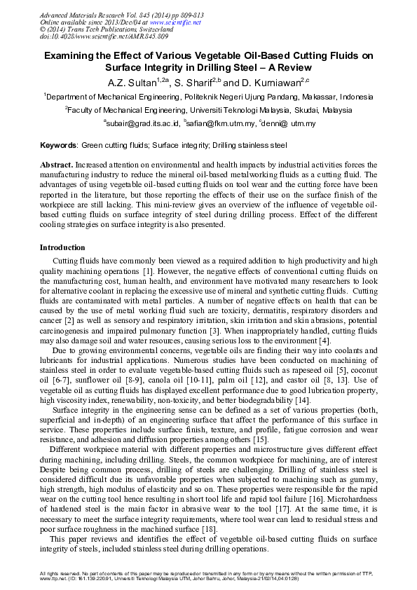 (PDF) Examining the effect of various vegetable oil-based cutting ...