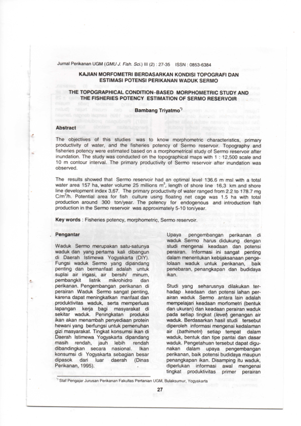 (PDF) Kajian Morfometri Berdasarkan Topografi Dan Potensi Perikanan Waduk Sermo