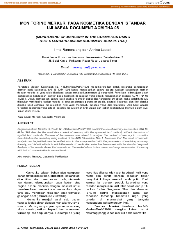 (PDF) Monitoring Merkuri pada Kosmetika dengan Standar Uji ASEAN ...