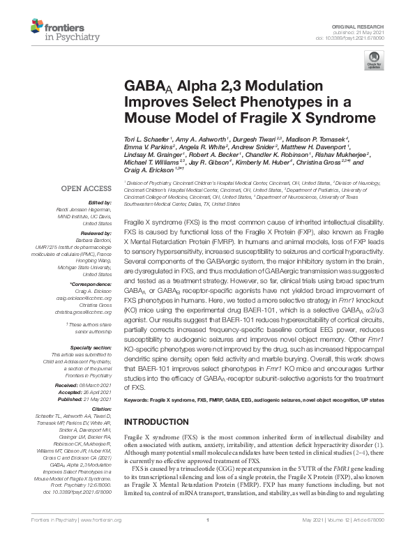 (PDF) GABAA Alpha 2,3 Modulation Improves Select Phenotypes in a Mouse Model of Fragile X Syndrome