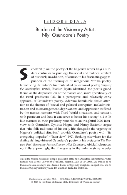 (PDF) Burden of the Visionary Artist: Niyi Osundare’s Poetry