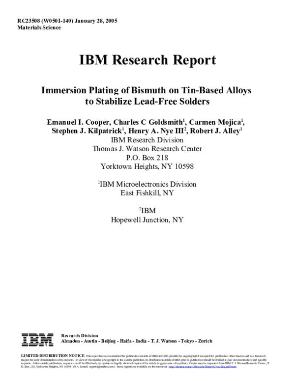 (PDF) IBM Research Report Immersion Plating of Bismuth on Tin-Based ...