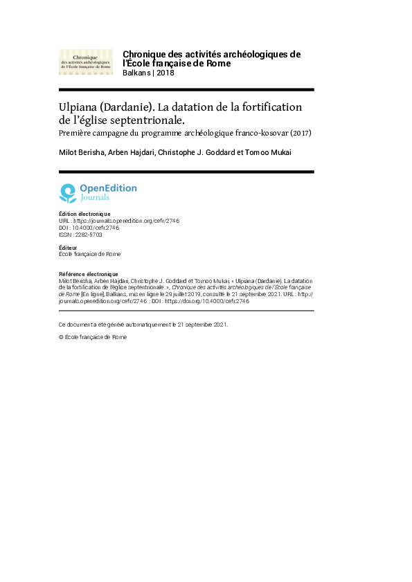 (PDF) Ulpiana (Dardanie). La datation de la fortification de l’église ...