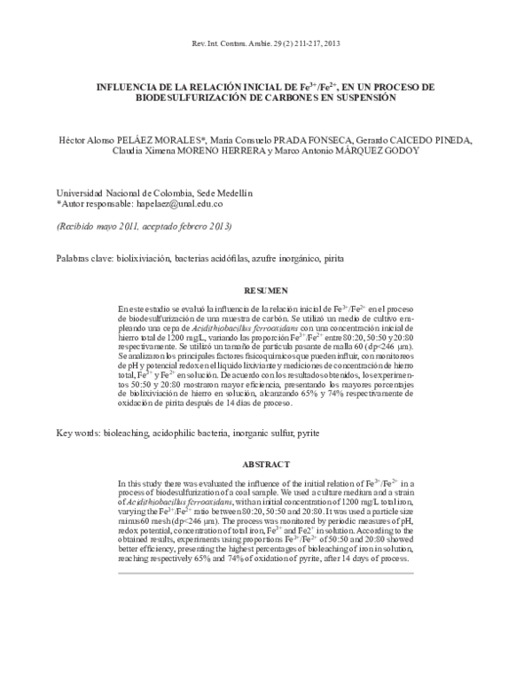 (PDF) INFLUENCIA DE LA RELACIÓN INICIAL DE Fe3+/Fe2+, EN UN PROCESO DE ...