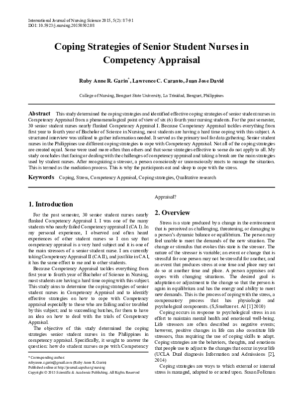 (PDF) Coping Strategies of Senior Student Nurses in Competency Appraisal