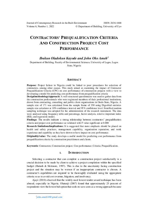 (PDF) CONTRACTORS' PREQUALIFICATION CRITERIA AND CONSTRUCTION PROJECT ...
