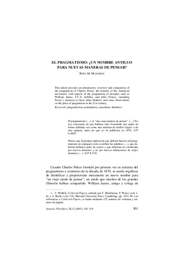 (PDF) El pragmatismo: ¿un nombre antiguo para nuevas maneras de pensar?