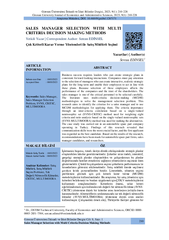 Pdf Sales Manager Selection With Multi Criteria Decision Making Methods