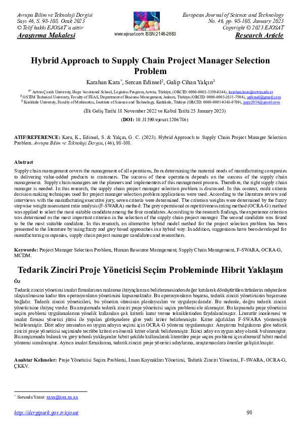 (PDF) Hybrid Approach to Supply Chain Project Manager Selection Problem