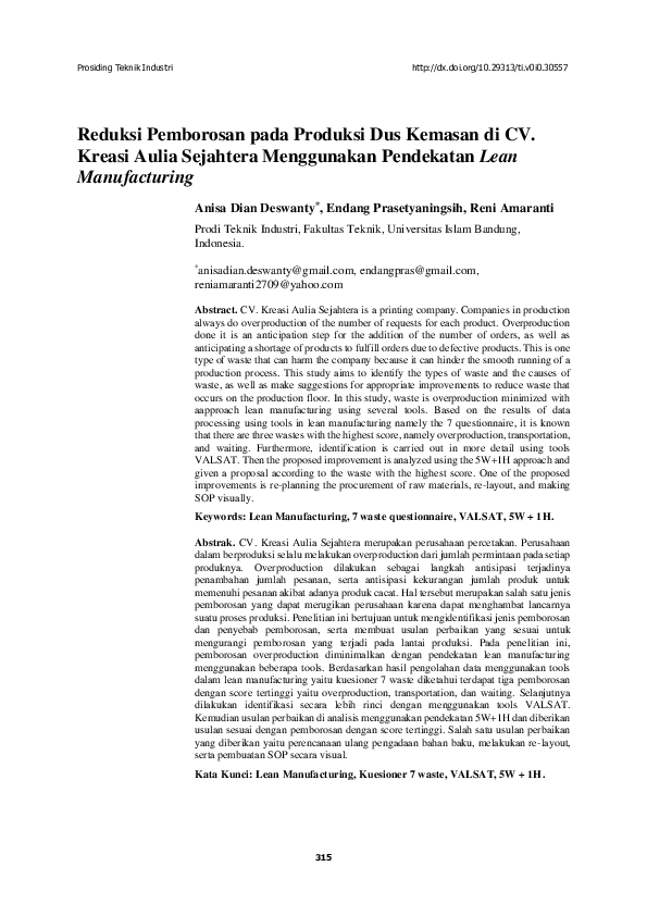 (PDF) Reduksi Pemborosan pada Produksi Dus Kemasan di CV. Kreasi Aulia ...