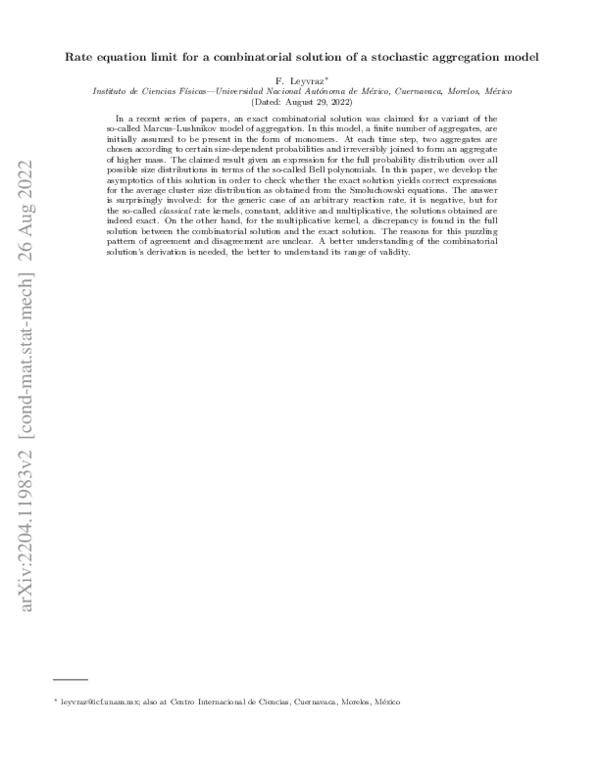 Pdf Rate Equation Limit For A Combinatorial Solution Of A Stochastic Aggregation Model