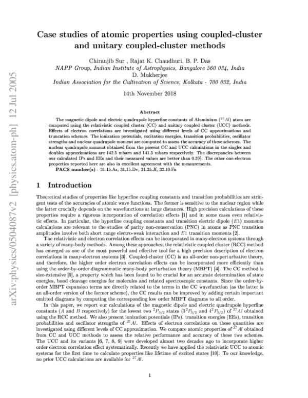 (PDF) Case studies of atomic properties using coupled-cluster and unitary coupled-cluster methods