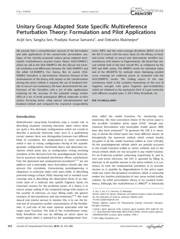 (PDF) Unitary group adapted state specific multireference perturbation theory: Formulation and ...