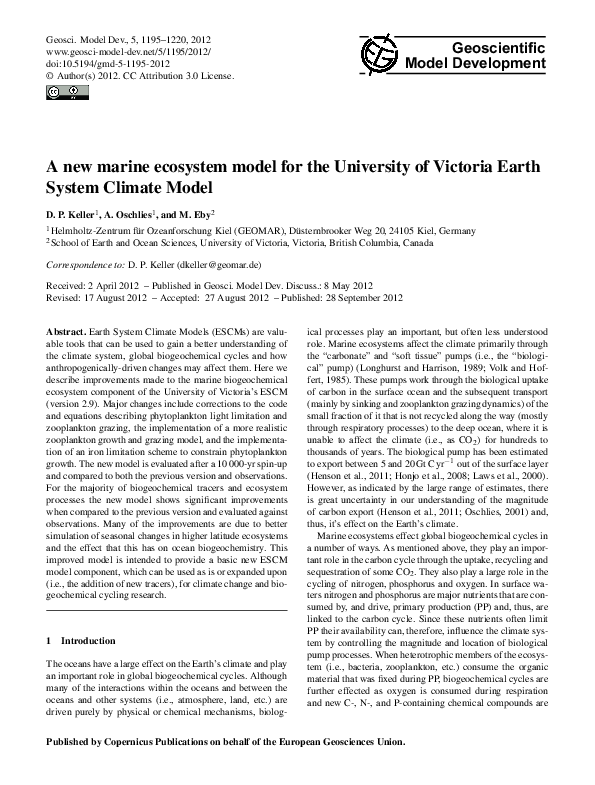(PDF) A new marine ecosystem model for the University of Victoria Earth ...