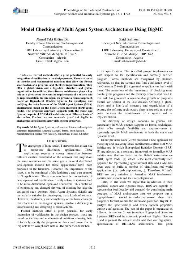(PDF) Model Checking of Multi Agent System Architectures Using BigMC