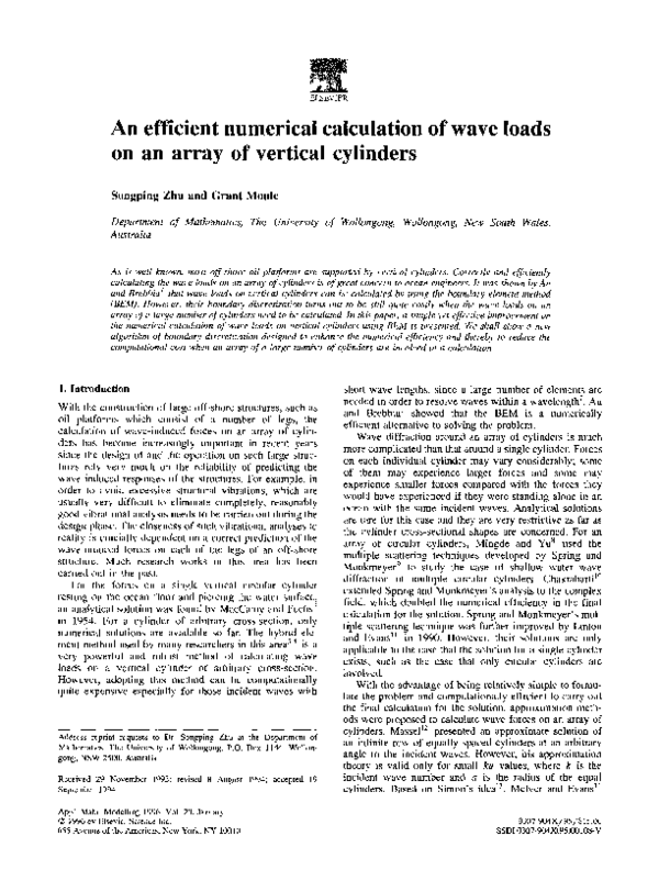 Pdf An Efficient Numerical Calculation Of Wave Loads On An Array Of Vertical Cylinders