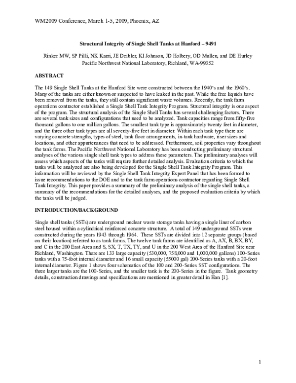 (PDF) Structural Integrity of Single Shell Tanks at Hanford 9491