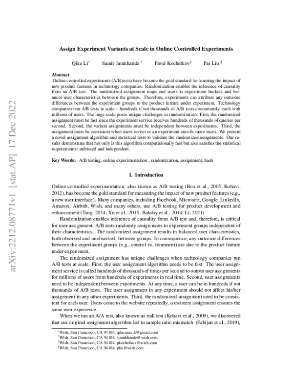 Pdf Assign Experiment Variants At Scale In Online Controlled Experiments Samir Jamkhande 
